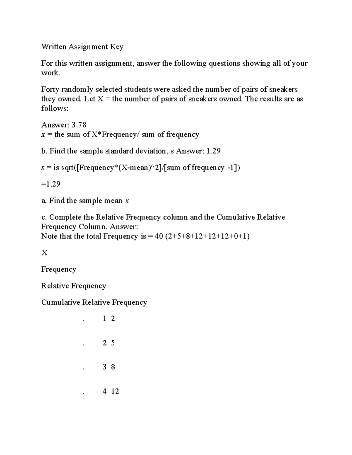 MATH 1280 Written Assignment 2 - Written Assignment Key For this ...