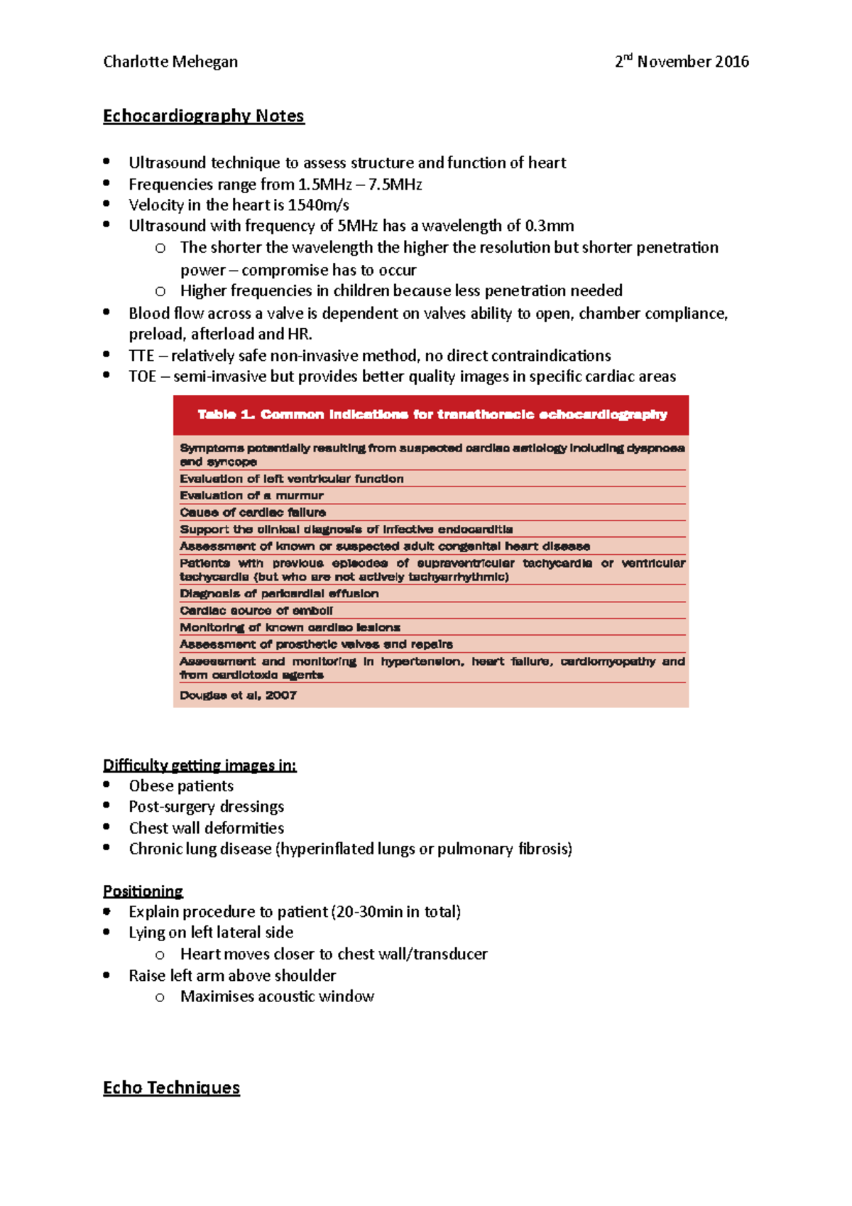 Echocardiography Notes - TTE – relatively safe non-invasive method, no ...