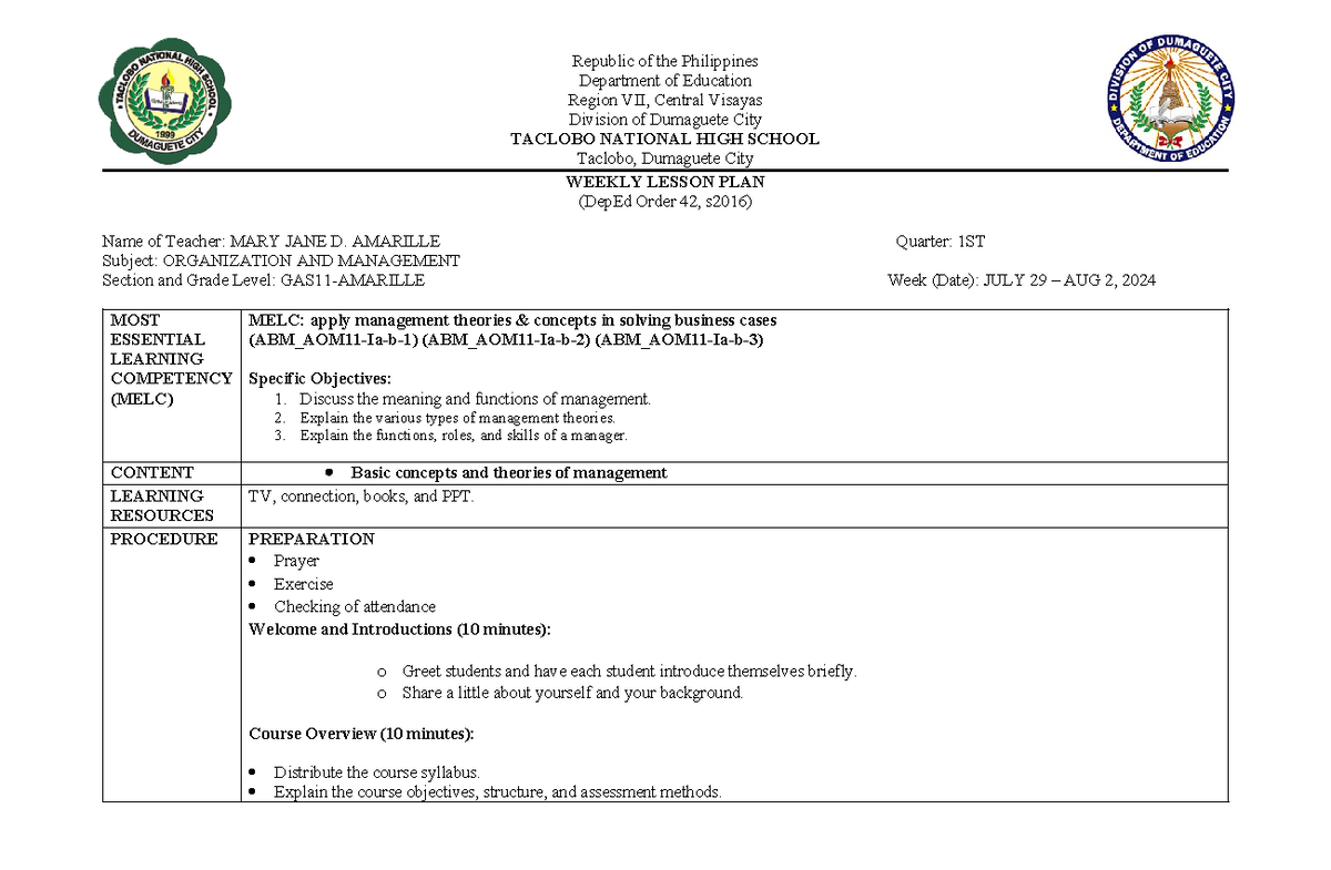 ORG & MGNT W1 - Powerpoint presentation - Department of Education ...