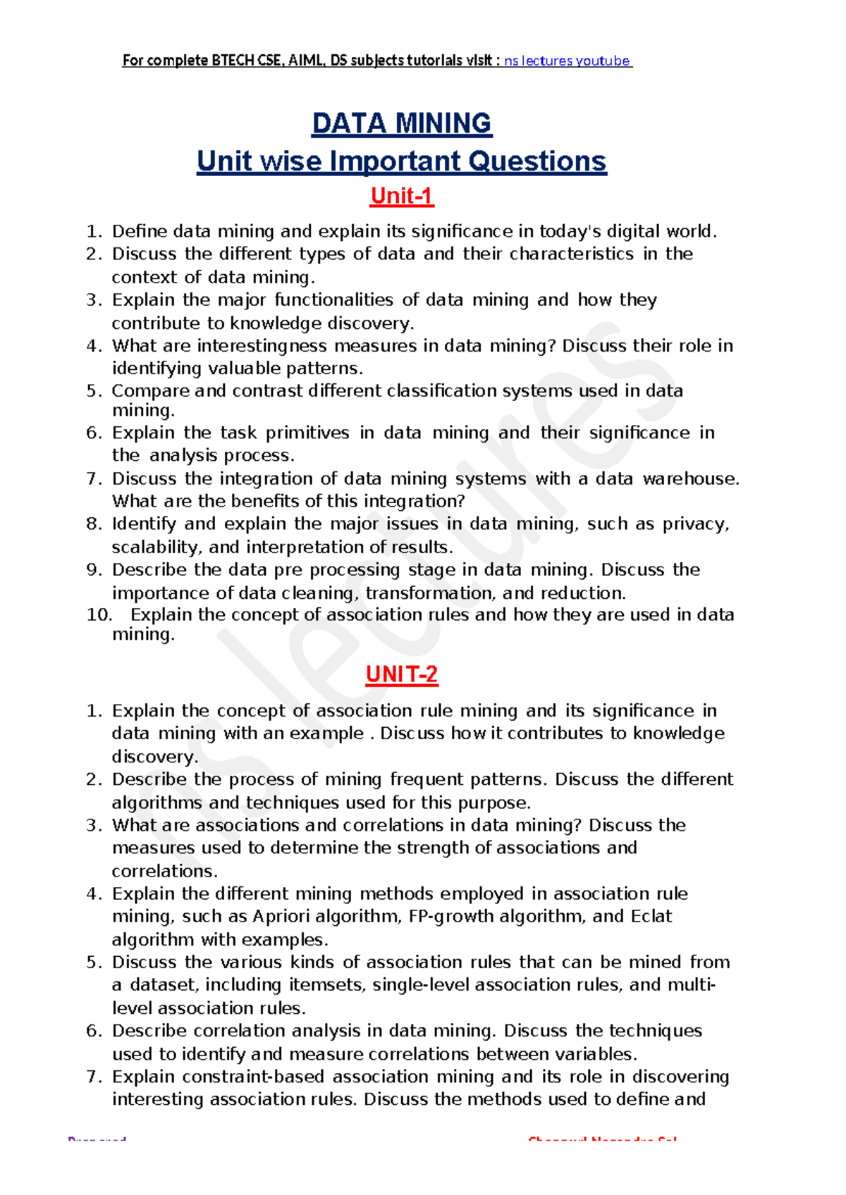 Data mining Unitwise imp questions - channel DATA MINING Unit wise Important Questions Unit- 1 ...