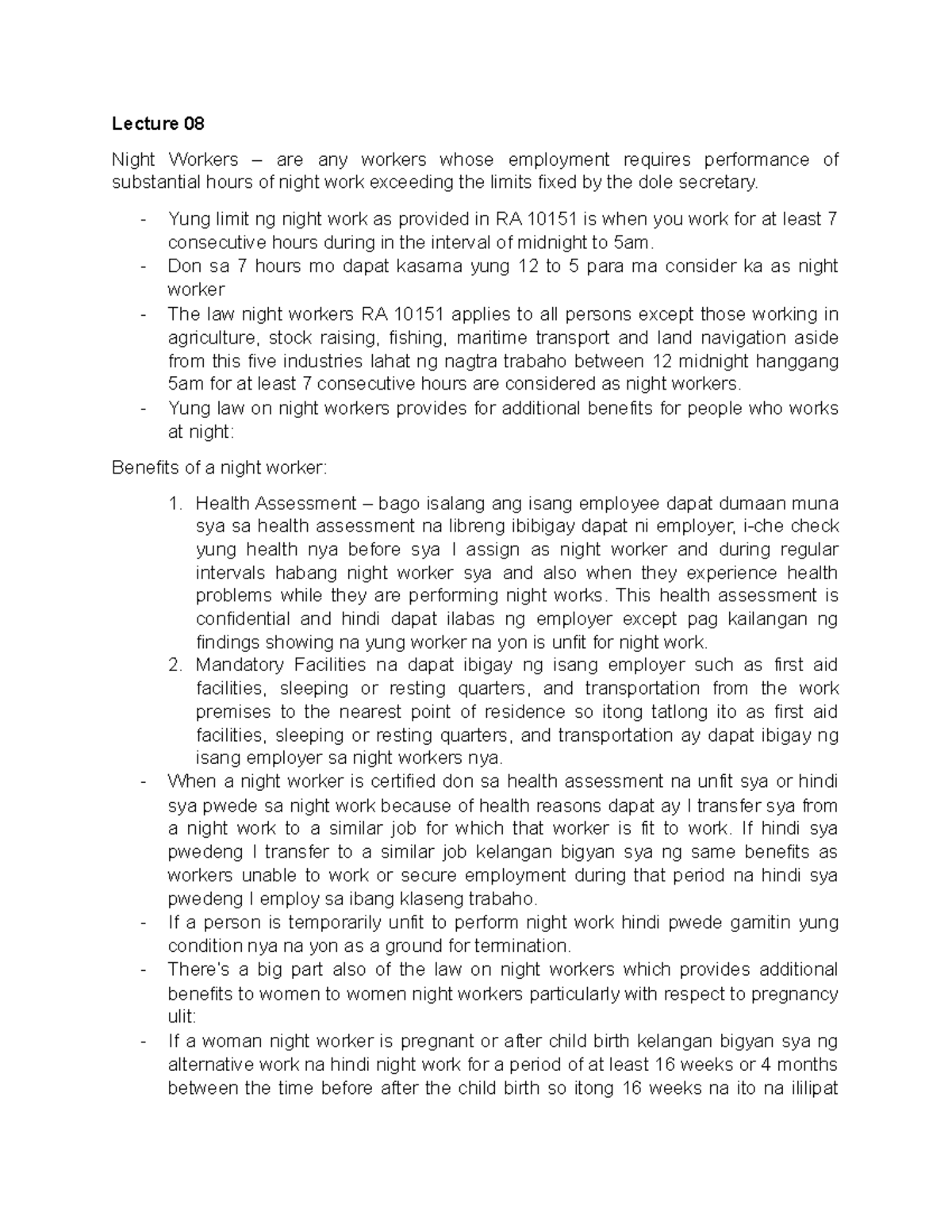 Lecture 08 - lec 08 - Lecture 08 Night Workers – are any workers whose ...