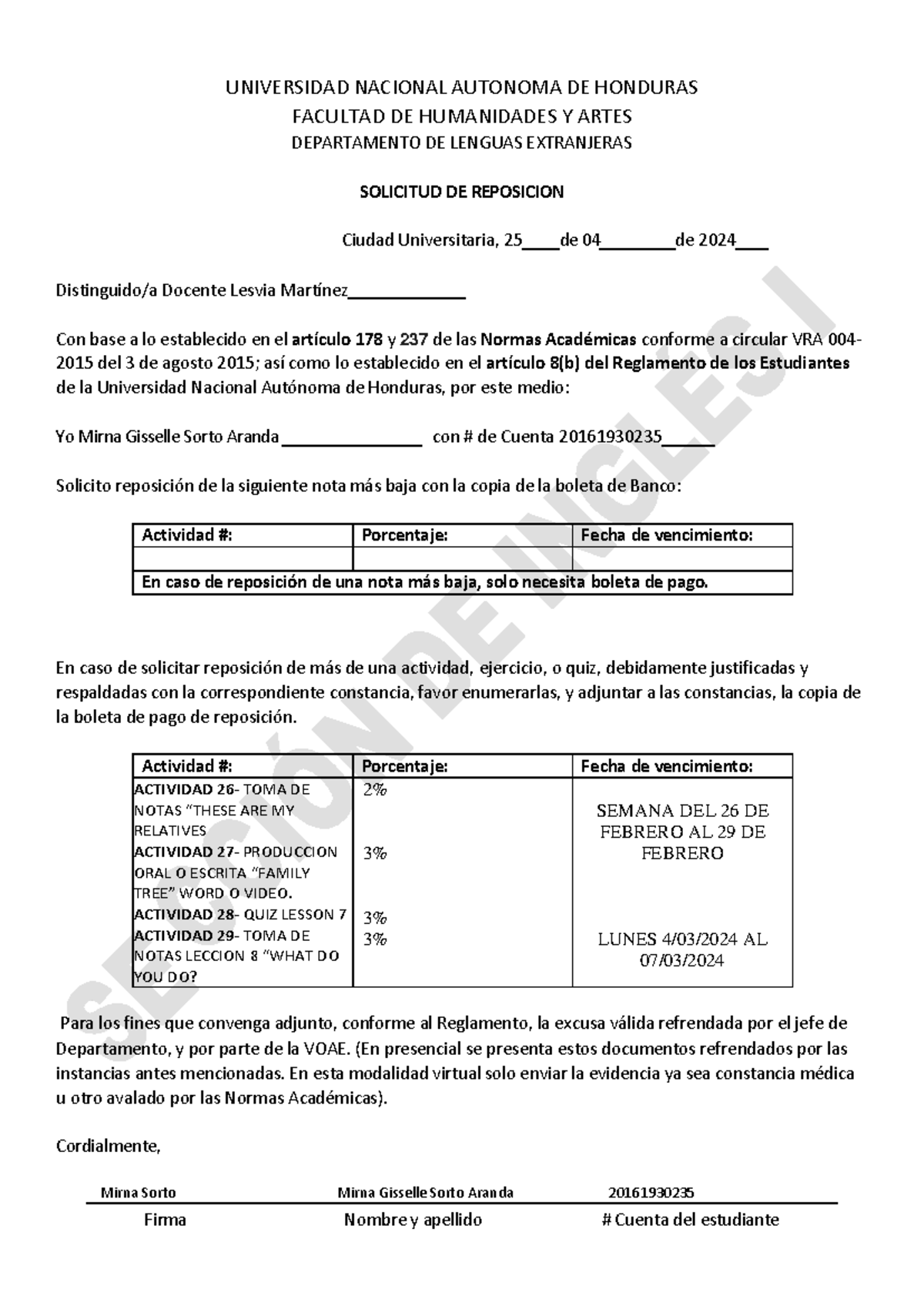 Formato DE Solicitud PARA Reposicion EN WORD - UNIVERSIDAD NACIONAL ...