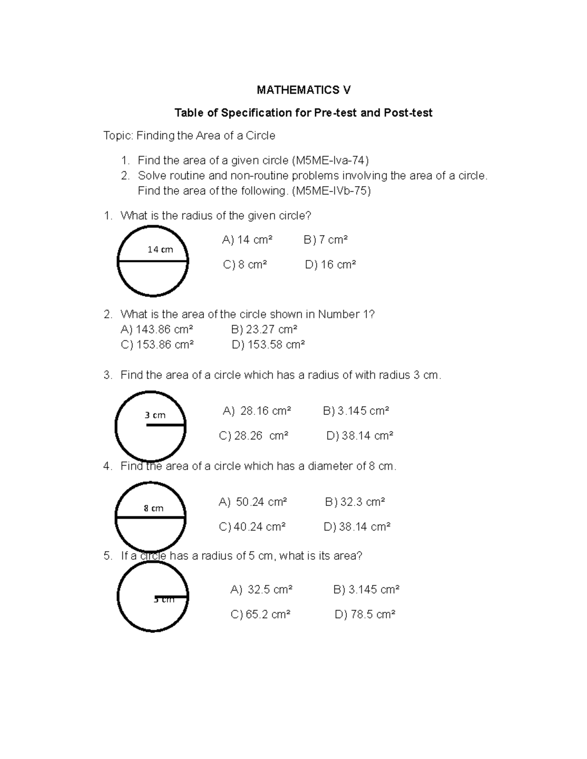 Mathematics V pre test and post test - MATHEMATICS V Table of ...