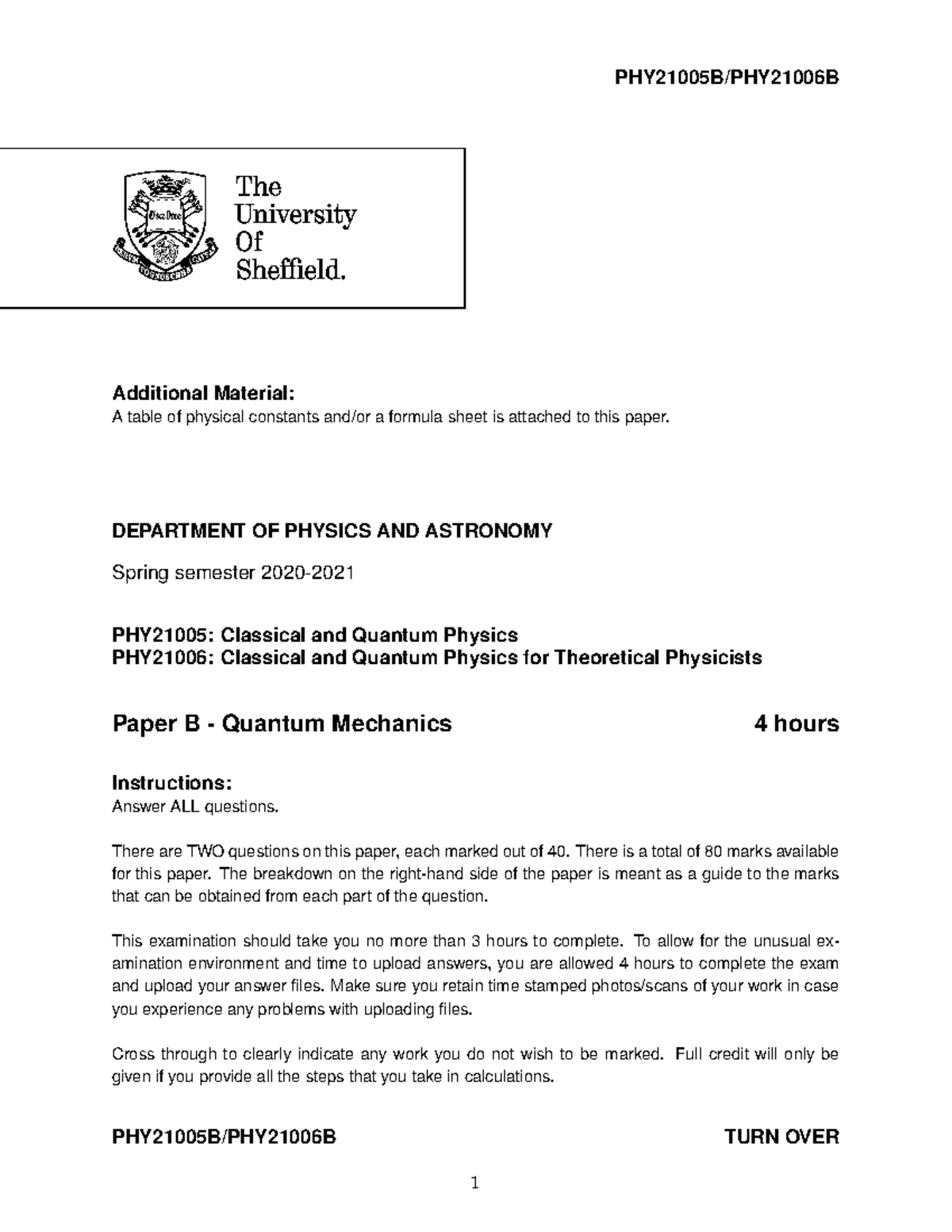 PHY21005 6B 20-21 - Past Paper - PHY21005B/PHY21006B Additional ...