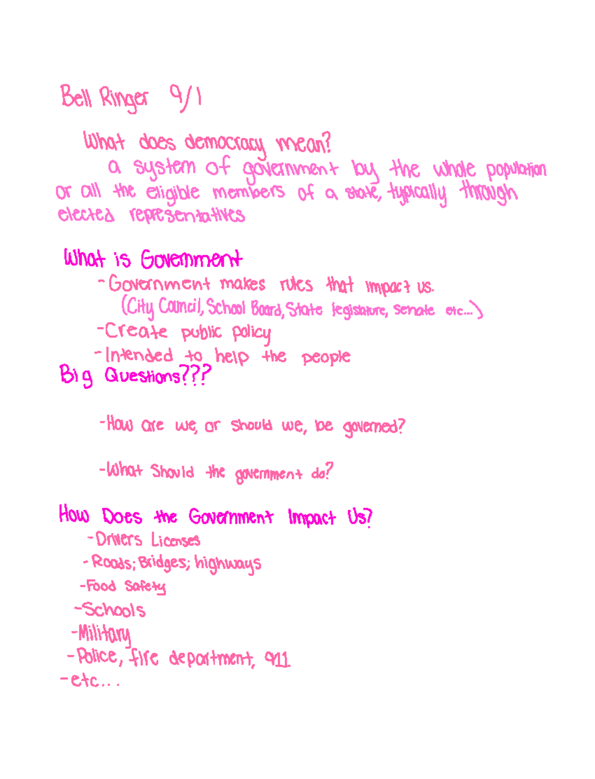 AP GOV Lesson 1 Notes - Bell Ringer 9 1 What does democracy mean a ...