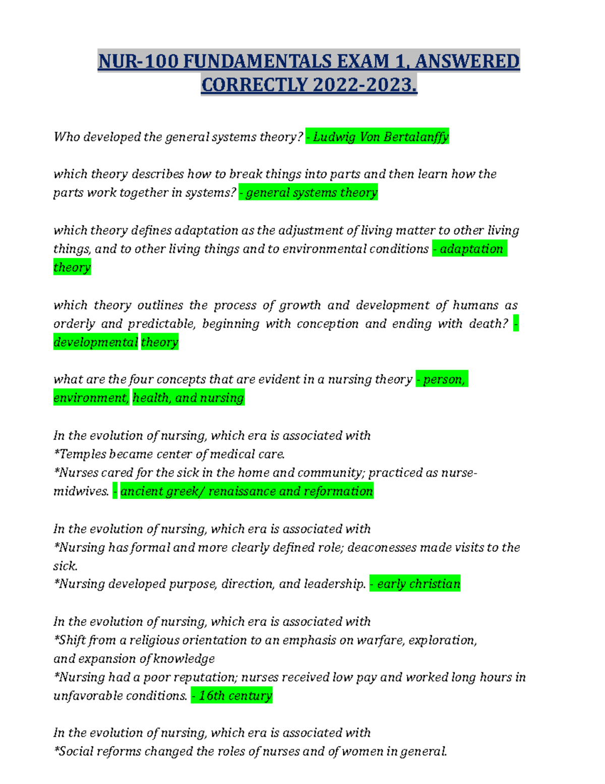 Nur 100 fundamentals exam 1 answered - NUR-100 FUNDAMENTALS EXAM 1 ...