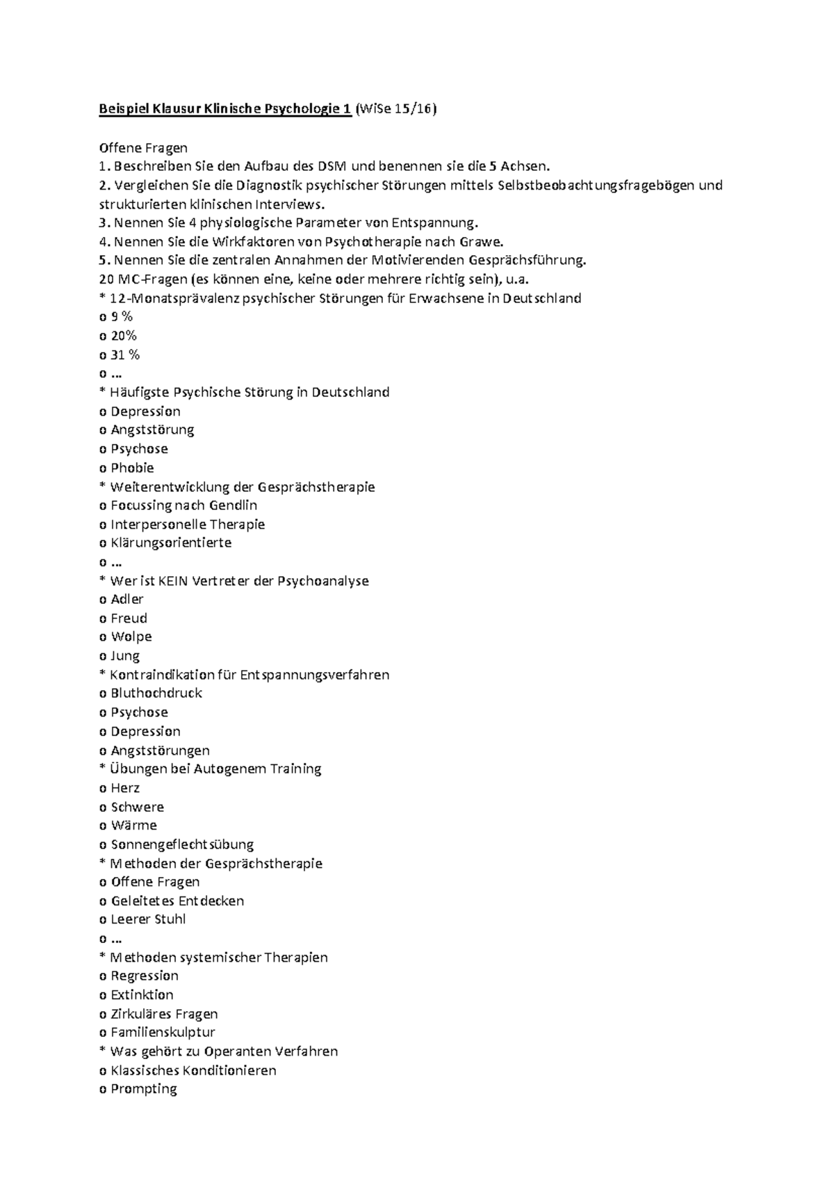 Klinische Klausur - Beispiel Klausur Klinische Psychologie 1 (WiSe 15/16) Offene Fragen ...