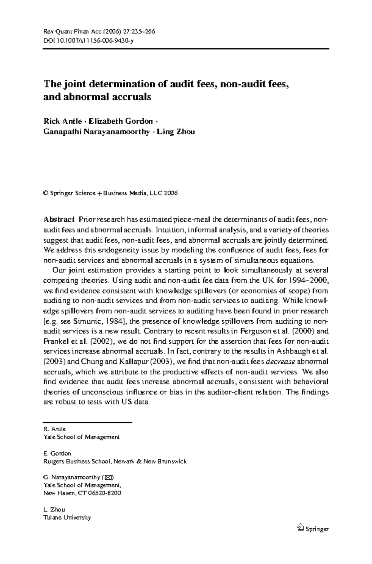 The Joint Determination Of Audit Fees Non audit Fees And Abnormal