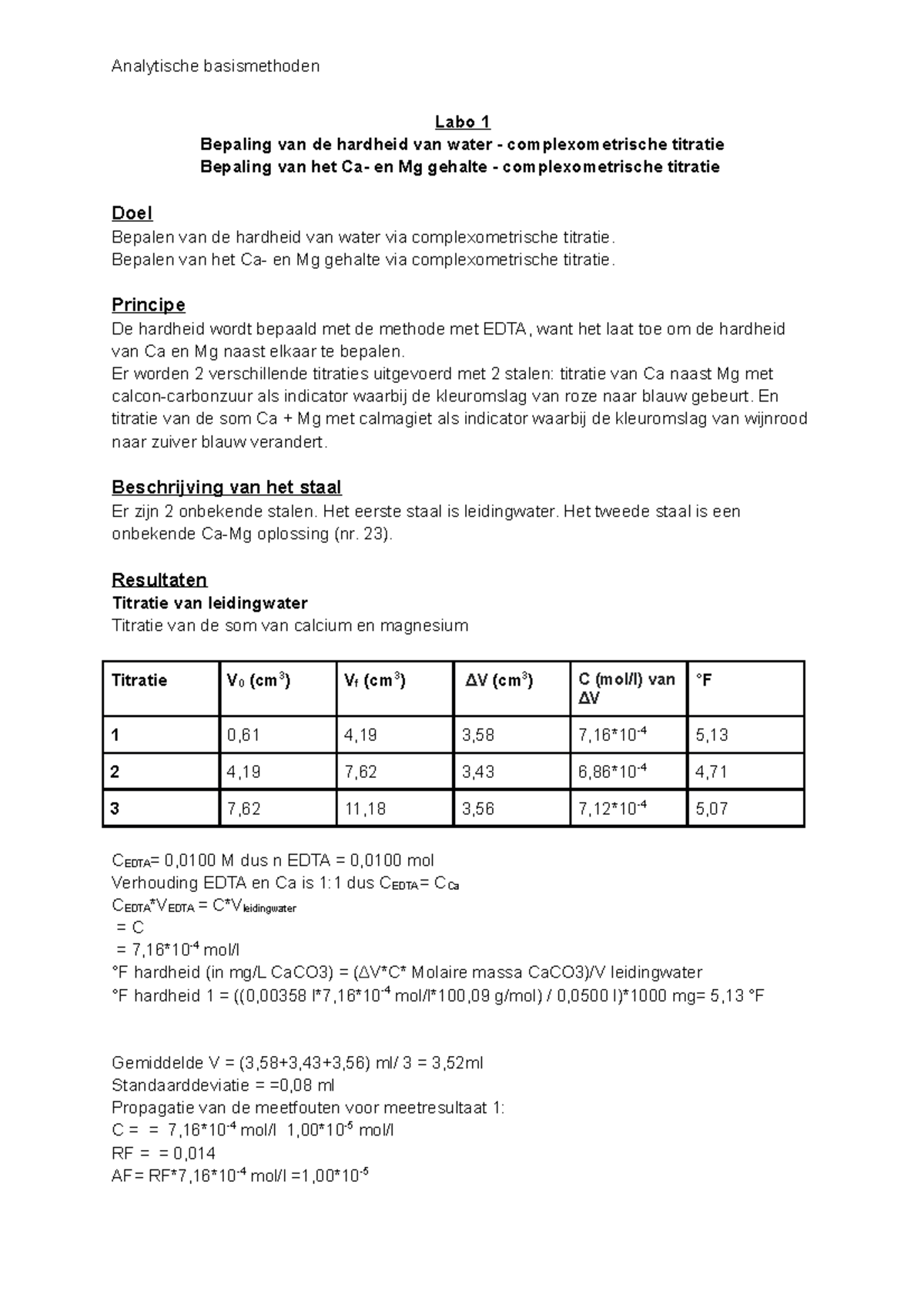 Labo 1 bepaling van de hardheid van water - Bepalen van het Ca- en Mg ...