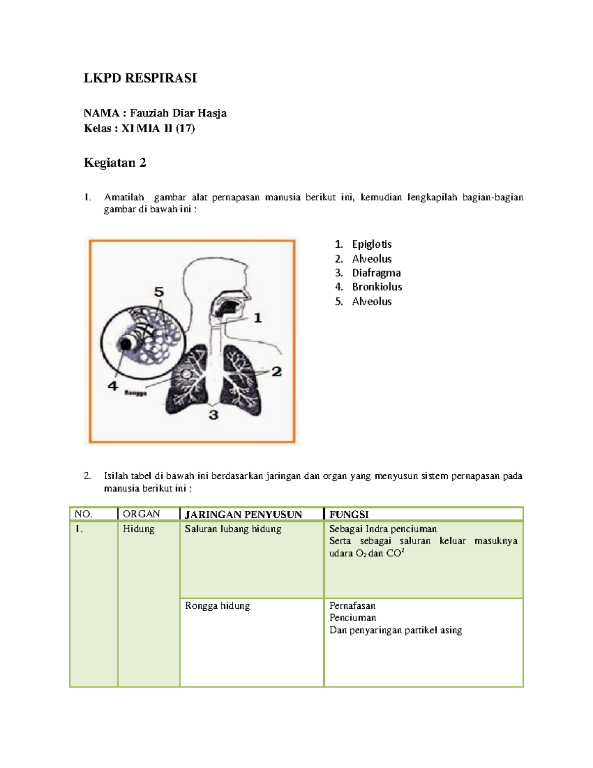 LKPD Respirasi Pada Manusia - LKPD RESPIRASI NAMA : Fauziah Diar Hasja ...