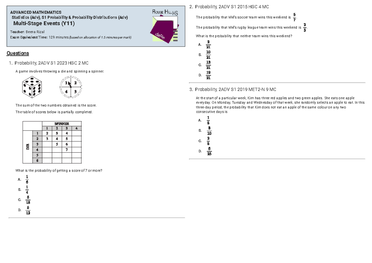 14 S1 Multi-Stage Events - 1. Probability, 2ADV S1 2023 HSC 2 MC ADVANCED MATHEMATICS Statistics ...
