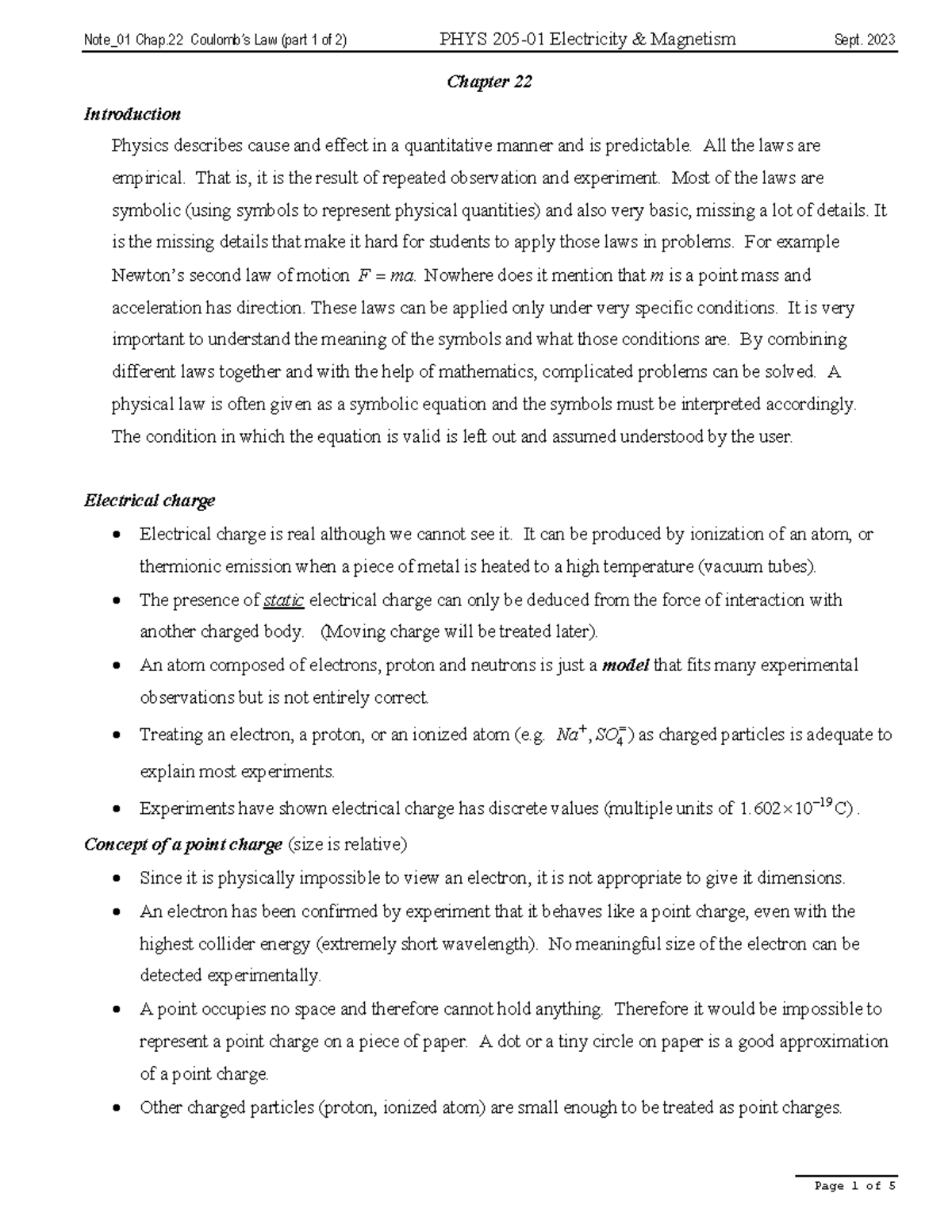 Note 01 Chap. 22 (part 1 of 2) - Chapter 22 Introduction Physics ...