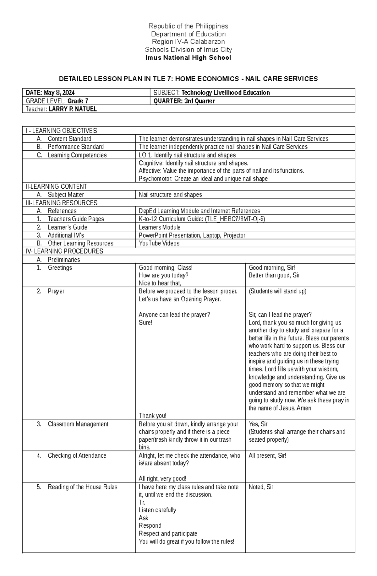 TLE 7 Lesson PLAN - Republic of the Philippines Department of Education ...