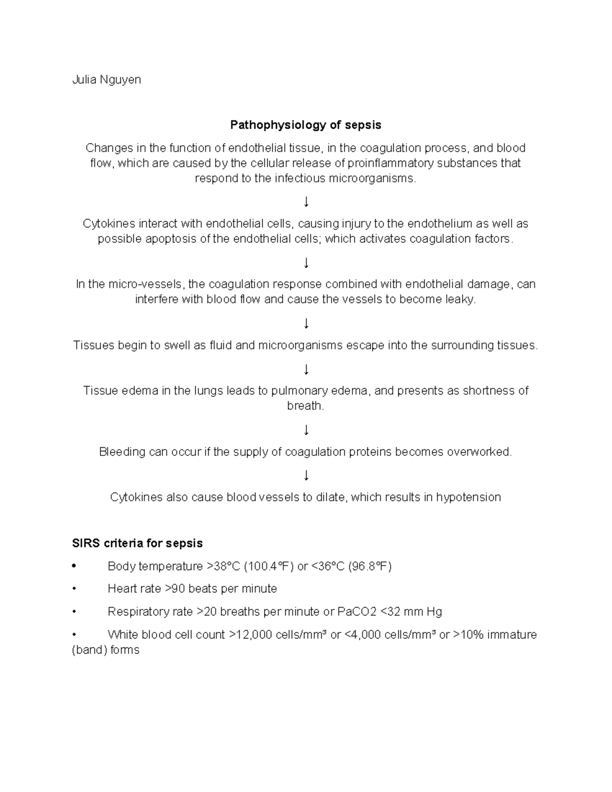 Sepsis patho and criteria - Julia Nguyen Pathophysiology of sepsis ...