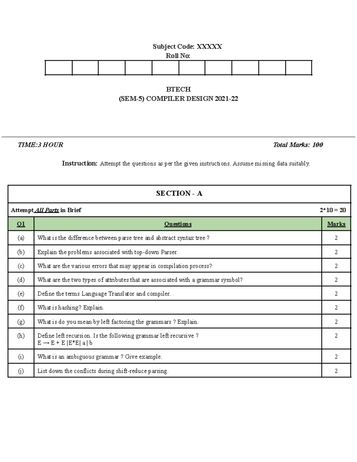 Compiler Design Question Paper 21 22 - Subject Code: XXXXX Roll No ...