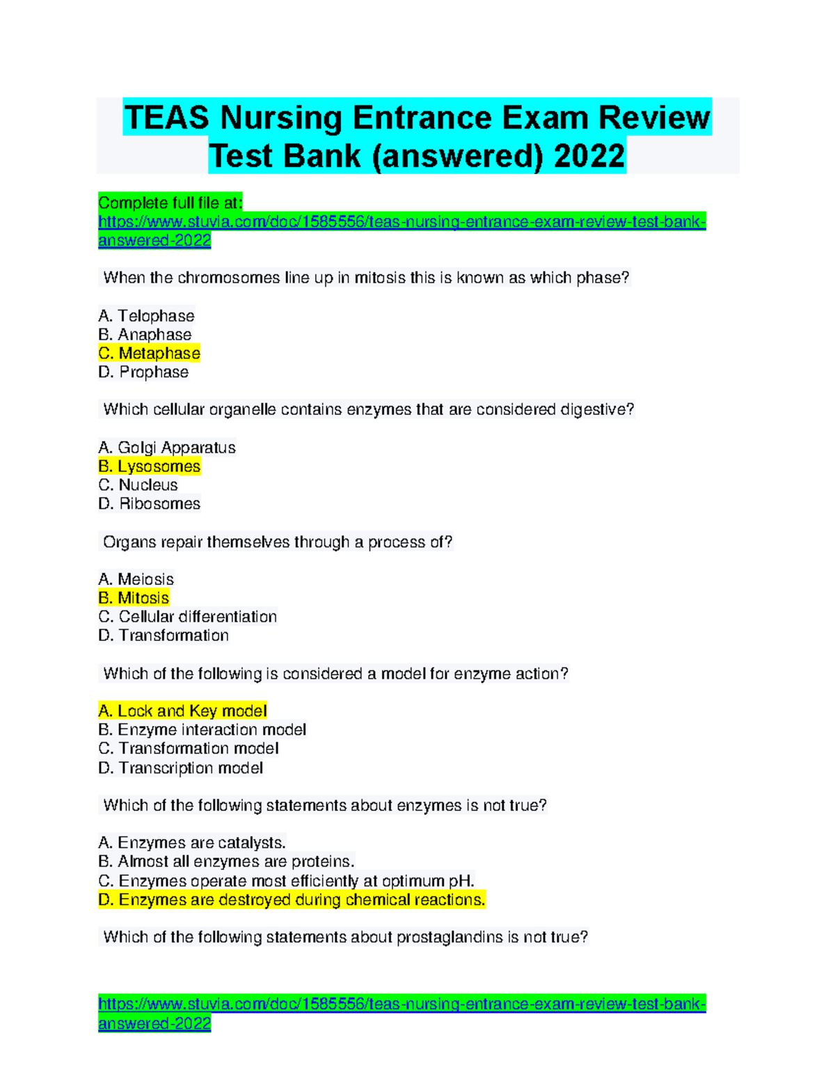 TEAS Nursing Entrance Exam Review Test Bank 2022 - - Studocu