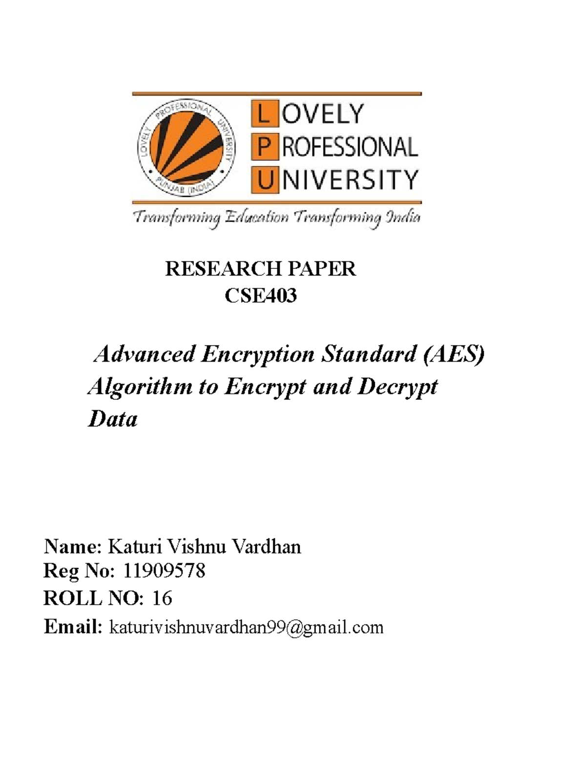 Termpaper 403 - pdf - RESEARCH PAPER CSE Advanced Encryption Standard ...