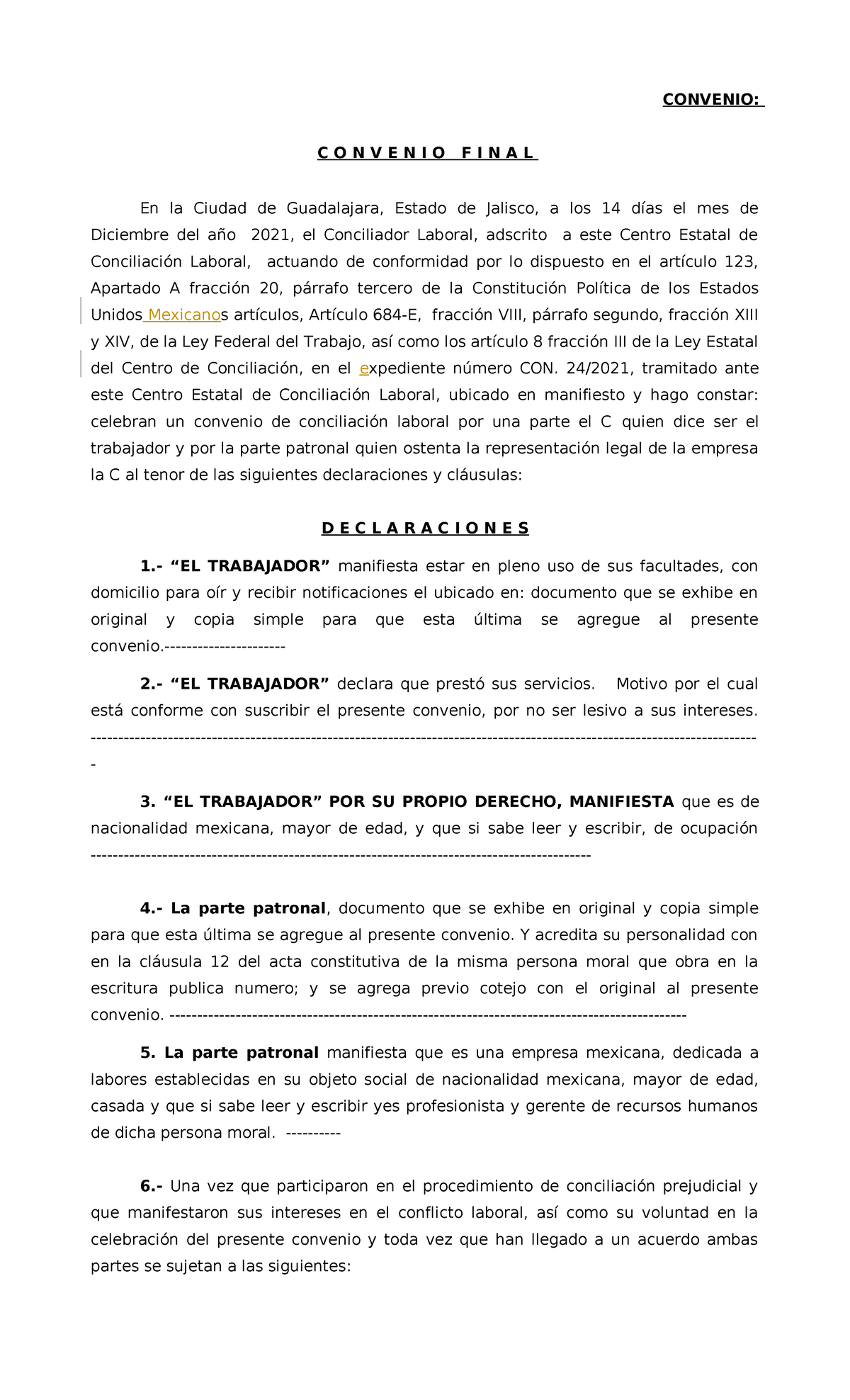 Copia de Formato DE Convenio Laboral - CONVENIO: C O N V E N I O F I N ...