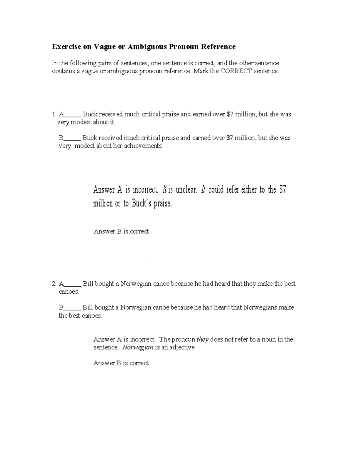 Vague and ambigous pronouns sheet - Exercise on Vague or Ambiguous ...