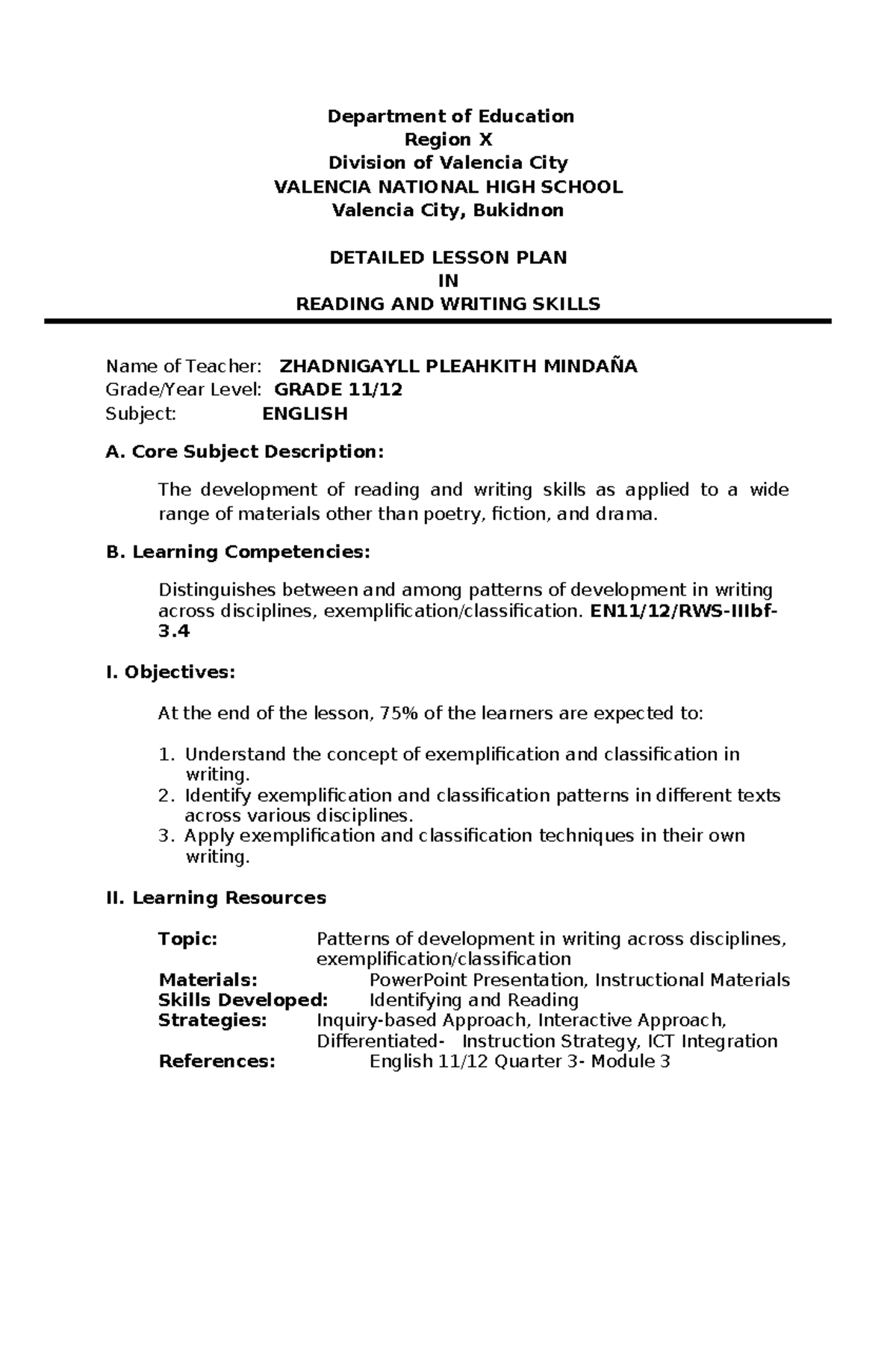 6 Senior HIGH Lesson PLAN - Department of Education Region X Division ...