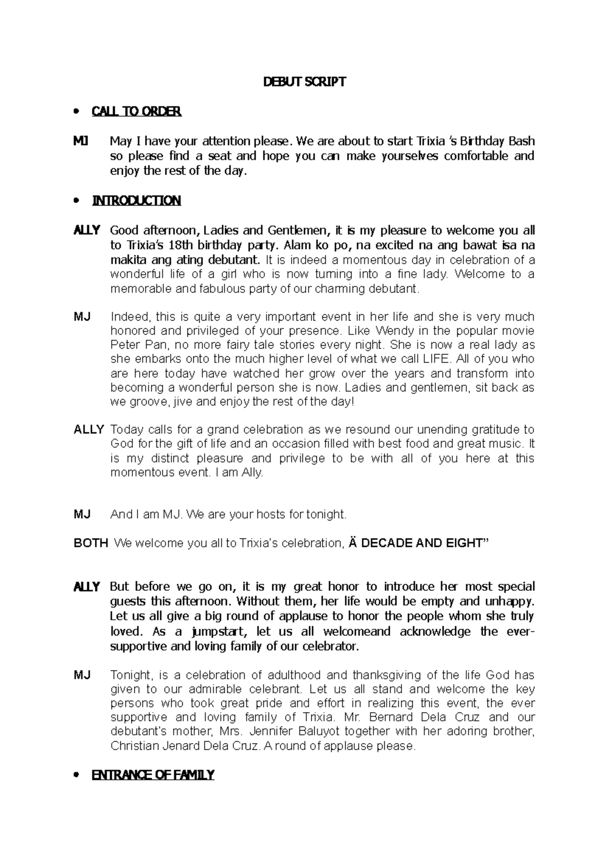 Debut Script Trixia TO Print - DEBUT SCRIPT CALL TO ORDER MJ May I have ...