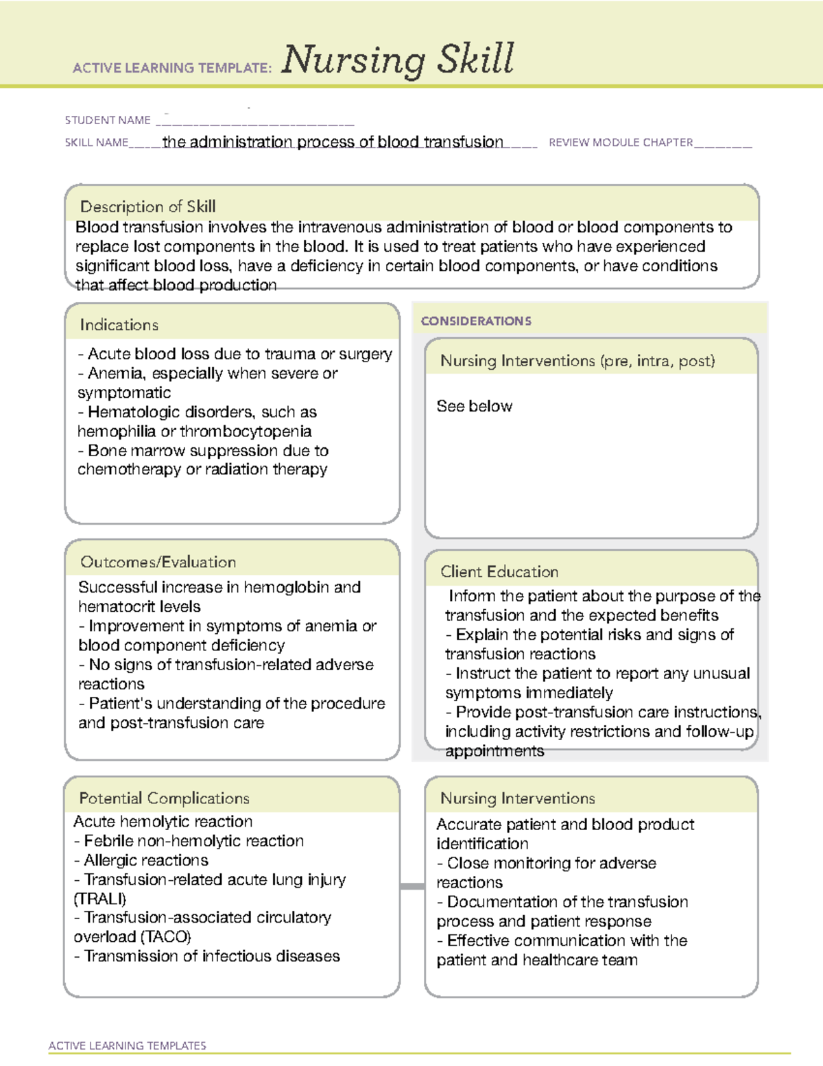 Blood ati - Ati - ACTIVE LEARNING TEMPLATES Nursing Skill STUDENT NAME ...