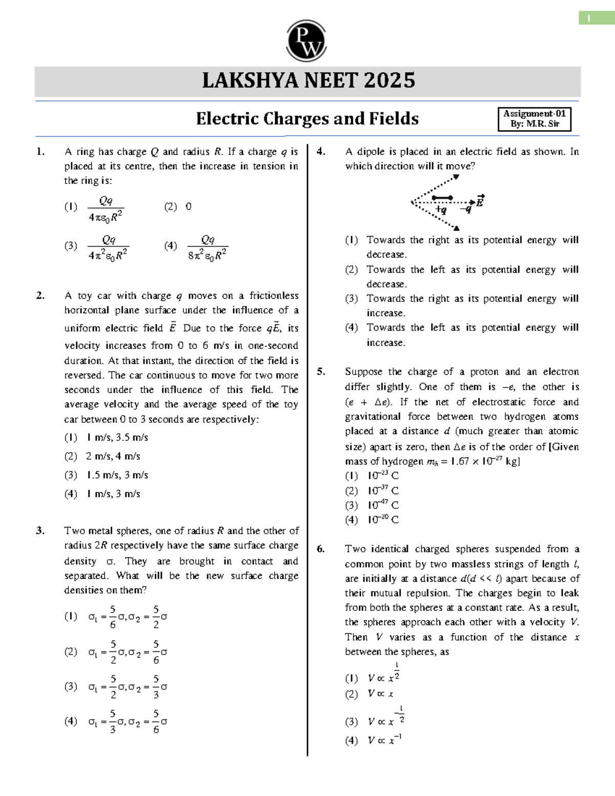 Assignment 01 Electric Charges and Fields Physics Lakshya NEET 2 ...
