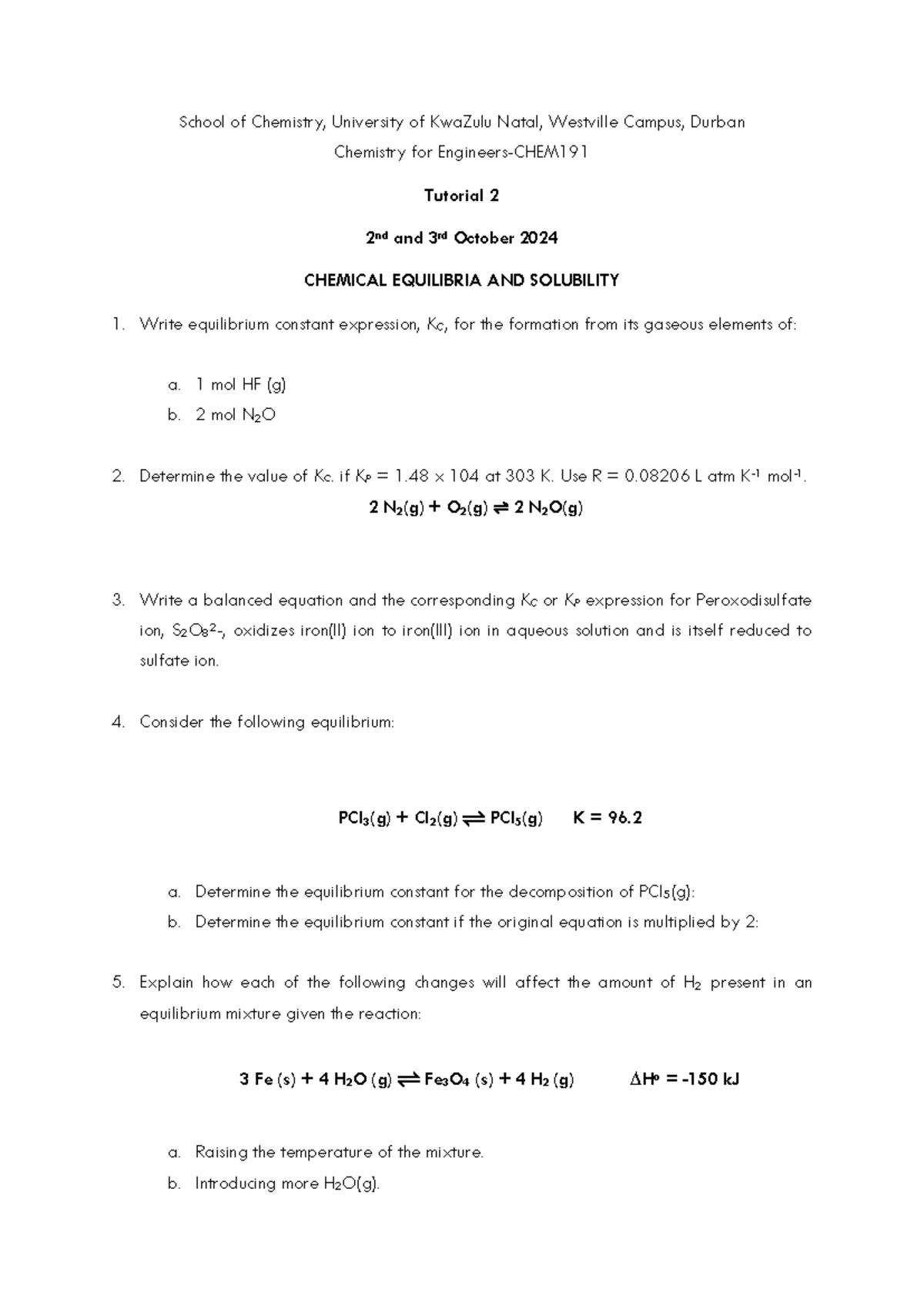 Tutorial 2 - solubility equiera - School of Chemistry, University of KwaZulu Natal, Westville ...
