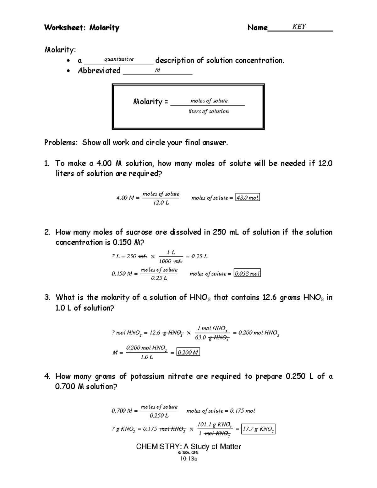 MOlarity worksheet HW KEY - Worksheet: Molarity Name ...