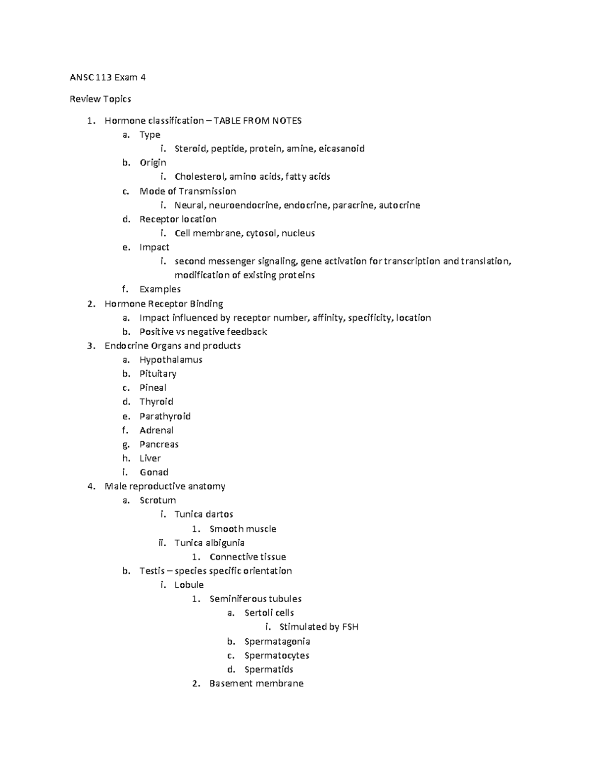 ANSC+113+Exam+4+outline - ANSC 113 Exam 4 Review Topics Hormone ...