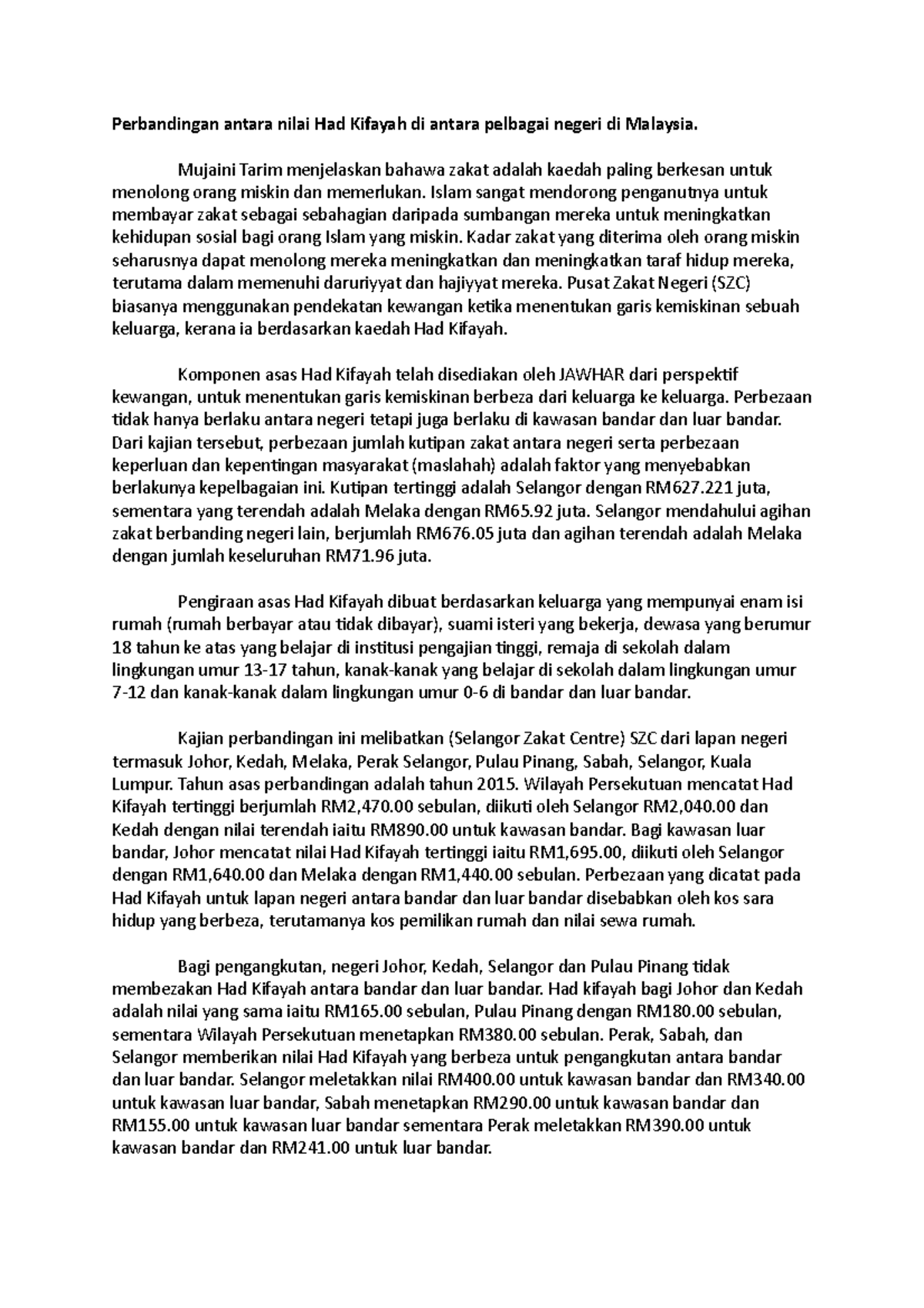 Perbandingan antara nilai Had Kifayah di antara pelbagai negeri di ...