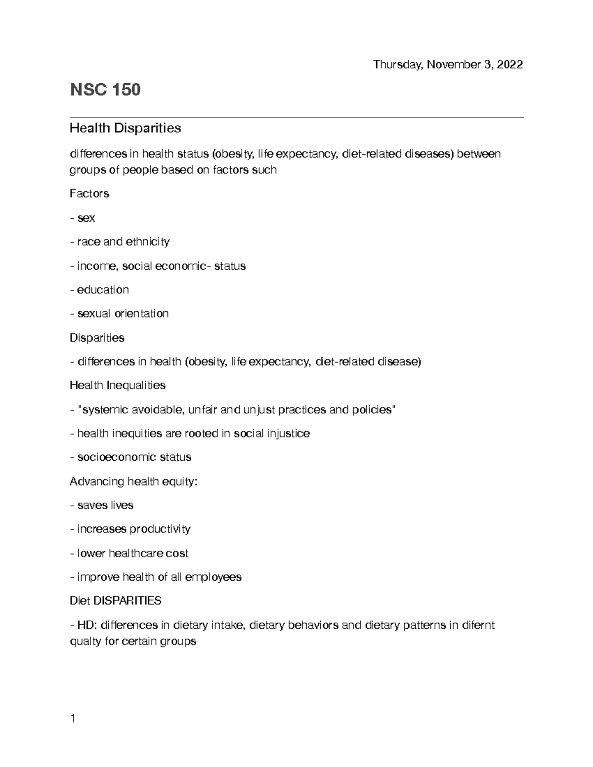 NSC 150 - Professor Garcia - Thursday, November 3, 2022 NSC 150 Health ...