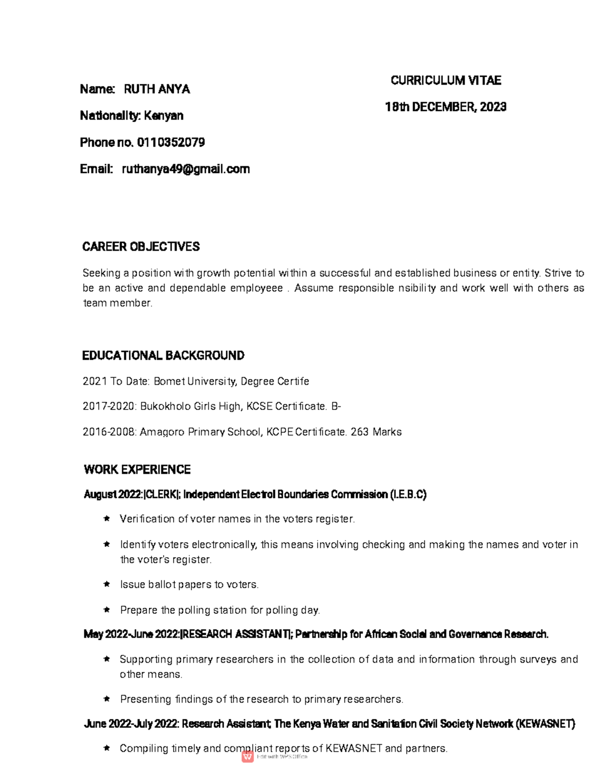 Example of cv - Name:RUTHANYA Nationality:Kenyan Phoneno. 0110352079 ...