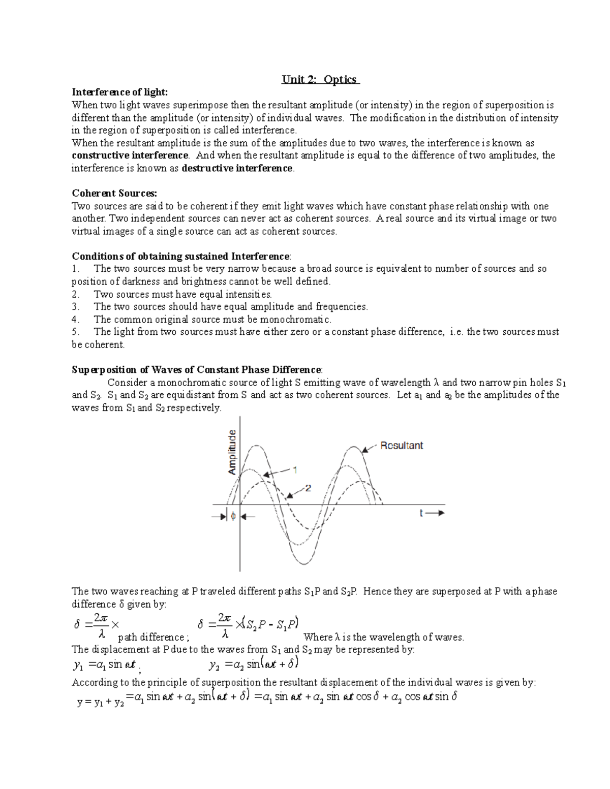 Optics - Lecture notes 1-7 - Unit 2: Optics Interference of light: When ...