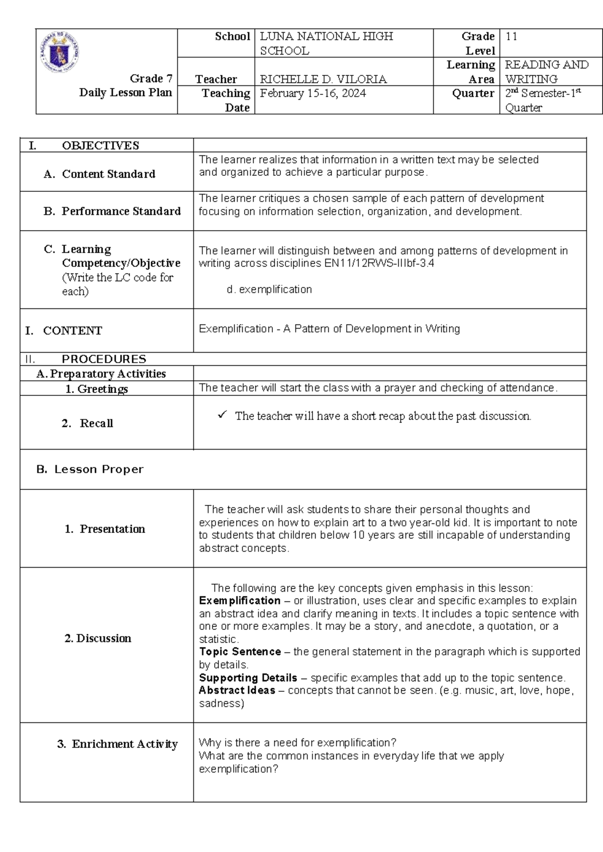 Daily Lesson Plan - Grade 7 Daily Lesson Plan School LUNA NATIONAL HIGH ...