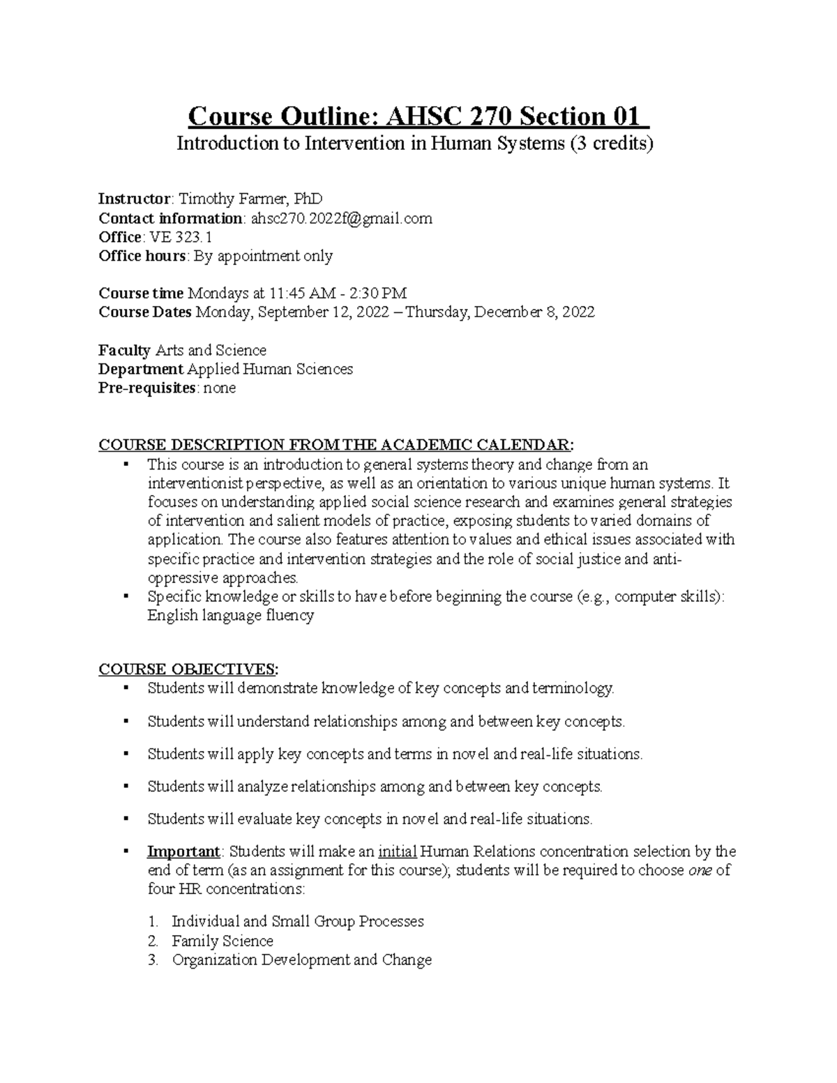 AHSC 270 - Syllabus - Course Outline: AHSC 270 Section 01 Introduction ...