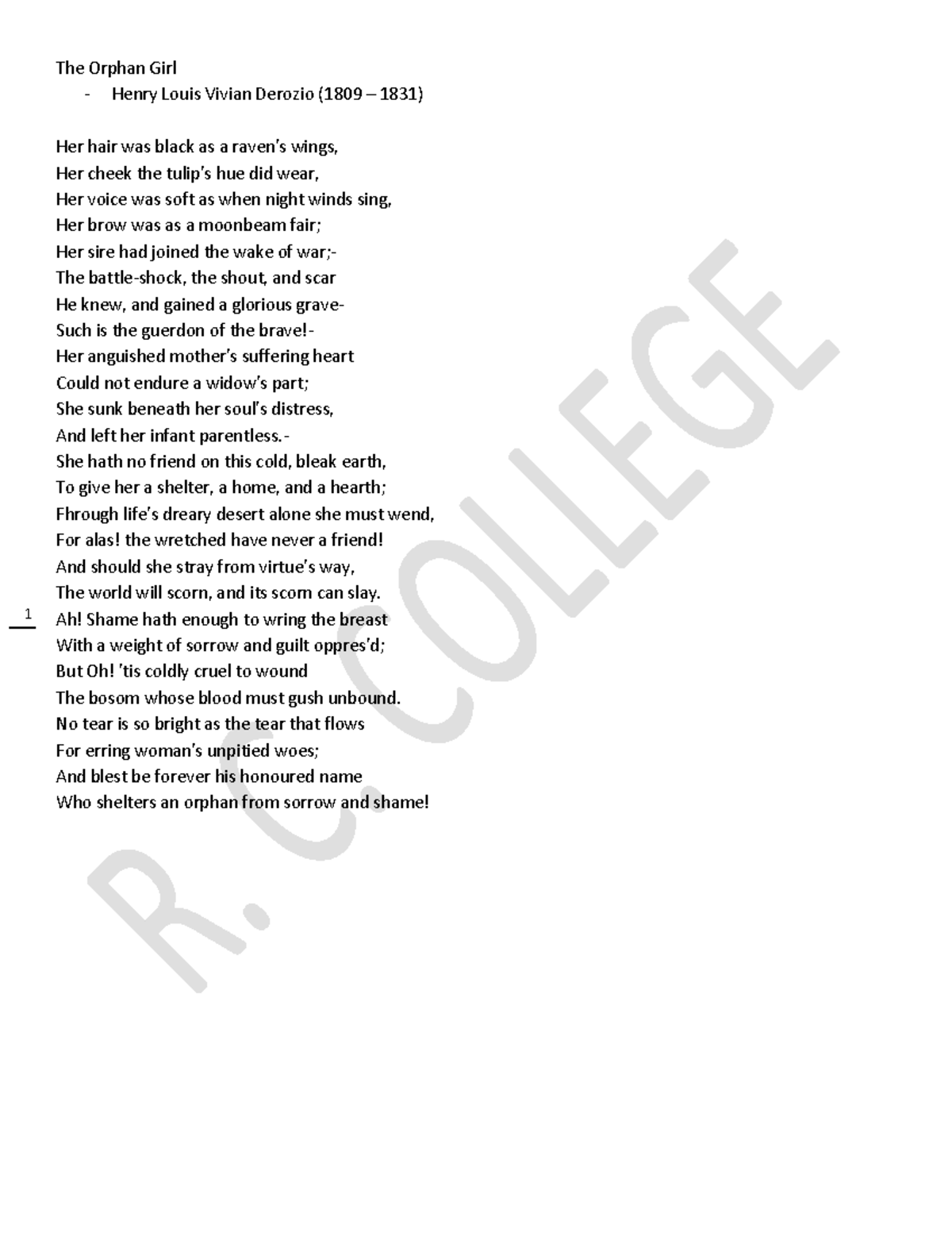 SEM II Poetry - Notes - 1 The Orphan Girl - Henry Louis Vivian Derozio ...