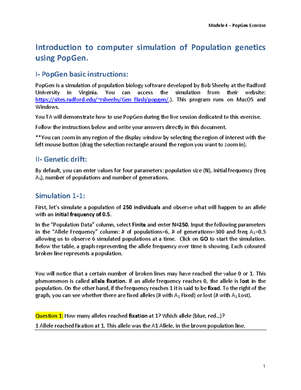 Popgen Lab Report - Introduction to computer simulation of Population ...