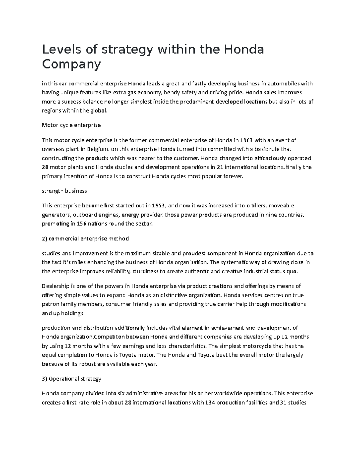 Levels of strategy within the Honda Company - Levels of strategy within ...