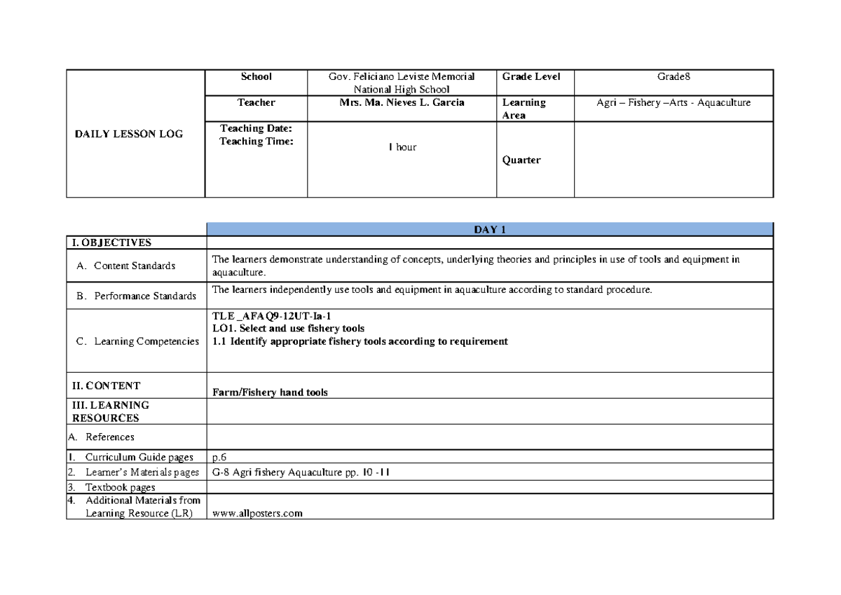 Aquaculture DLL LO1-LO3 ( Gflmnhs) - DAILY LESSON LOG School Gov ...
