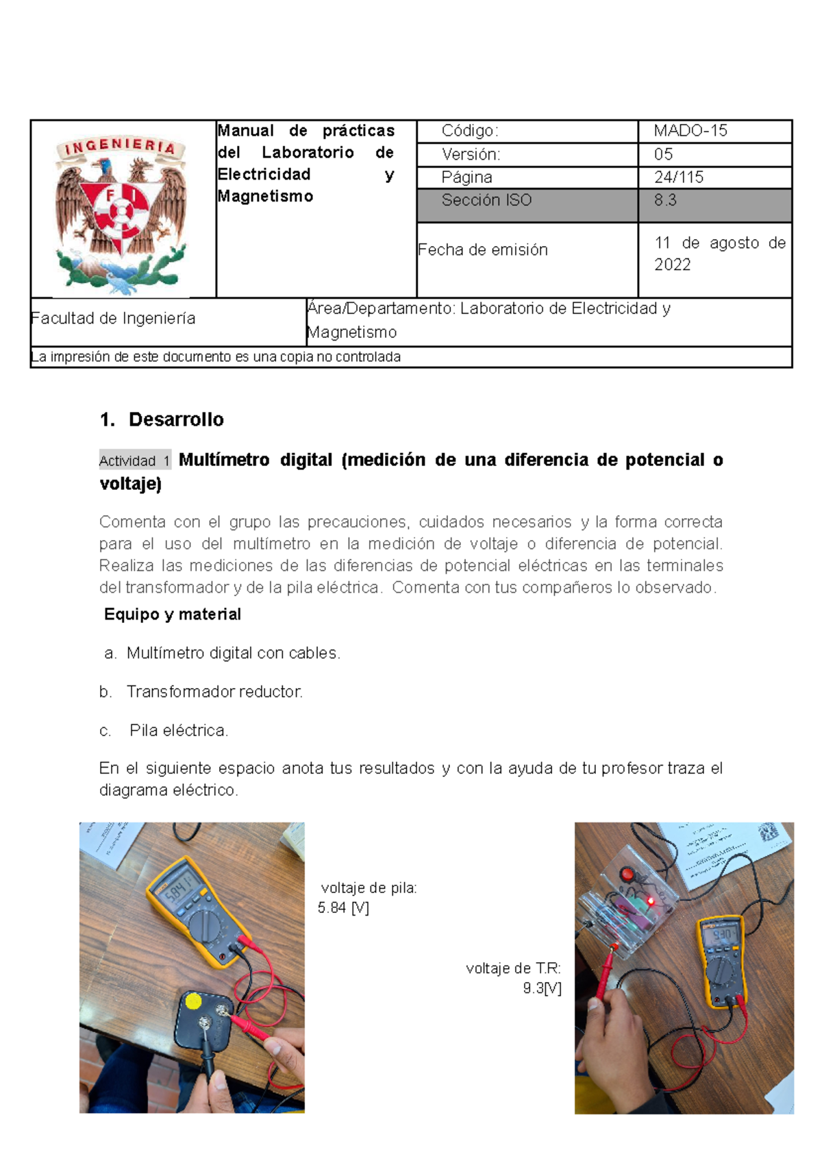 Practica 3Act - Manual de prácticas del Laboratorio de Electricidad y Magnetismo Código: MADO ...