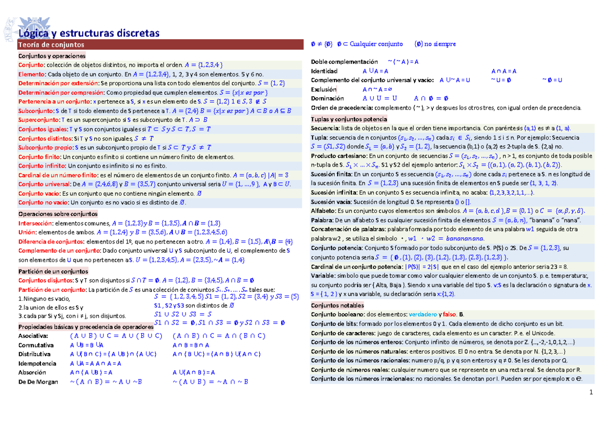 Estructuras discretas-2 - Elemento: Cada objeto de un conjunto. En 1, 2 ...
