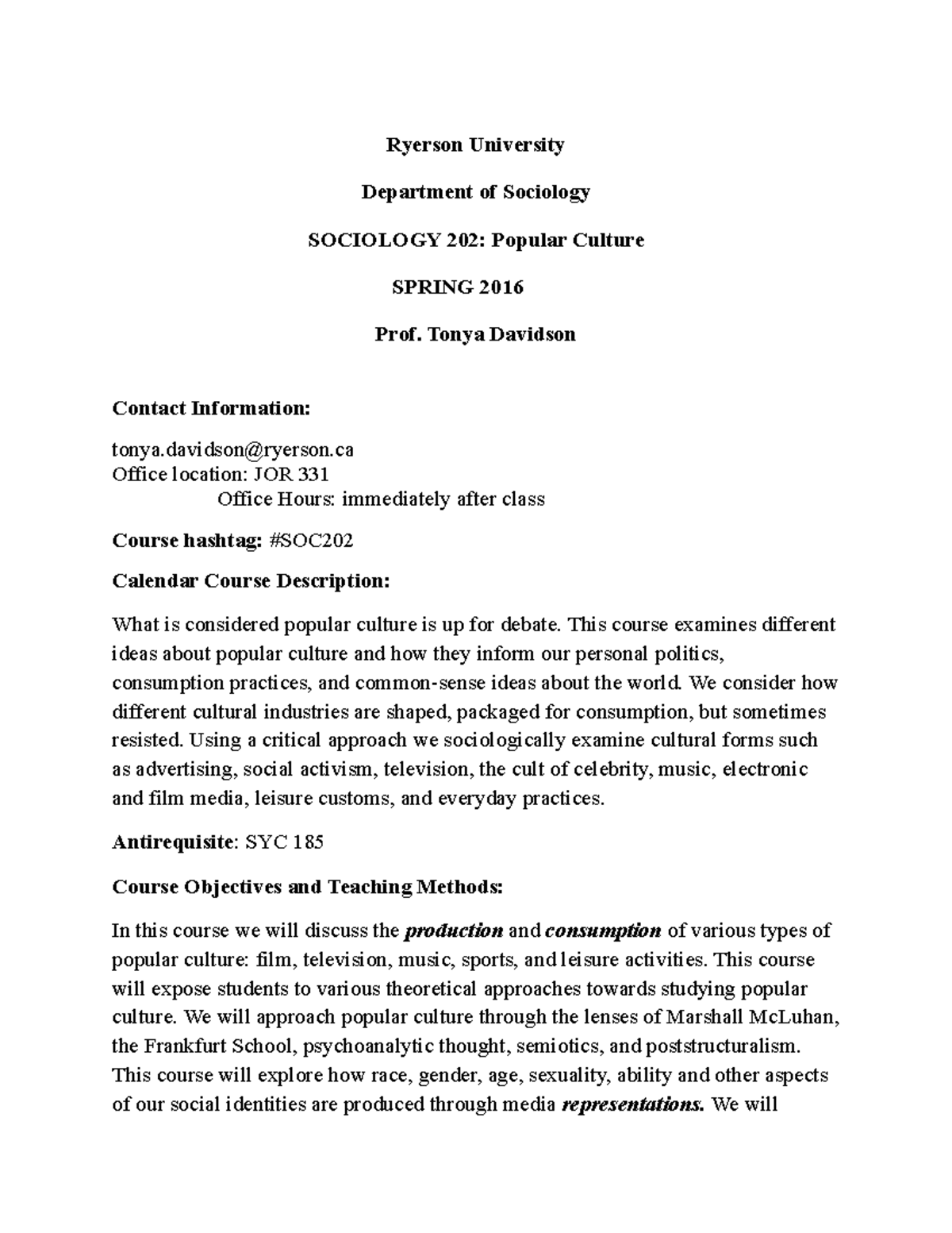 Course outline - Ryerson University Department of Sociology SOCIOLOGY ...