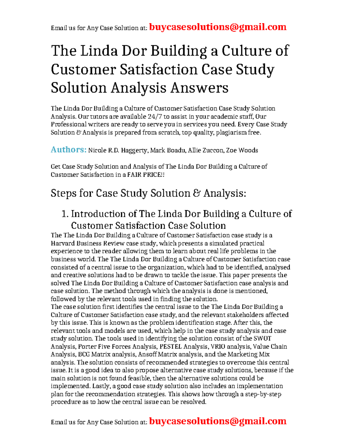 Case Solution The Linda Dor Building a Culture of Customer Satisfaction - The Linda Dor Building ...
