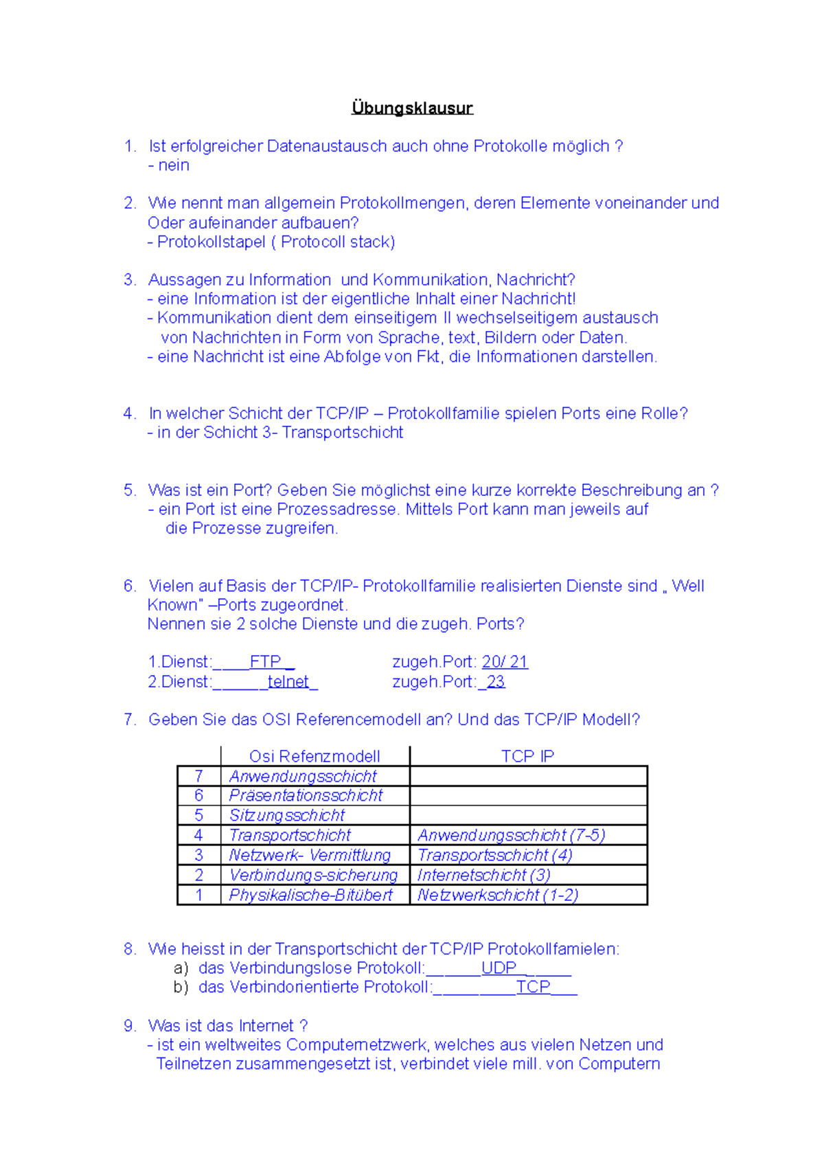 Probeklausur 2015, Fragen und Antworten - Übungsklausur 1. Ist erfolgreicher Datenaustausch auch ...