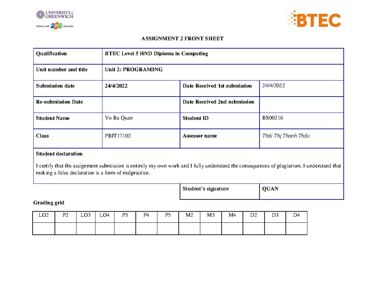 Programing Asm1 Assignment 2 Front Sheet Qualification Btec Level 5 Hnd Diploma In Computing