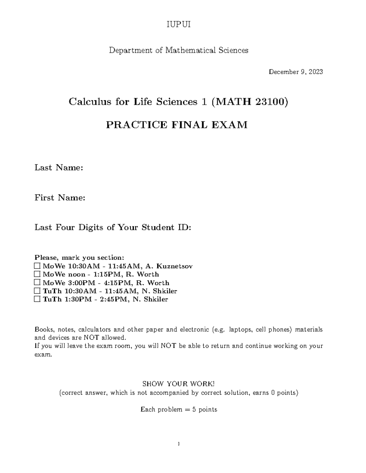 Math 231 Practice Final F23 - IUPUI Department of Mathematical Sciences ...