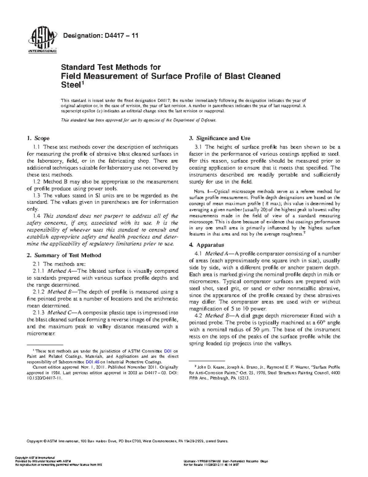 ASTM D-4417-11 METODOS DETERMINACIÓN DE PERFIL DE ANCLAJE - Designation: D4417 – 11 Standard ...