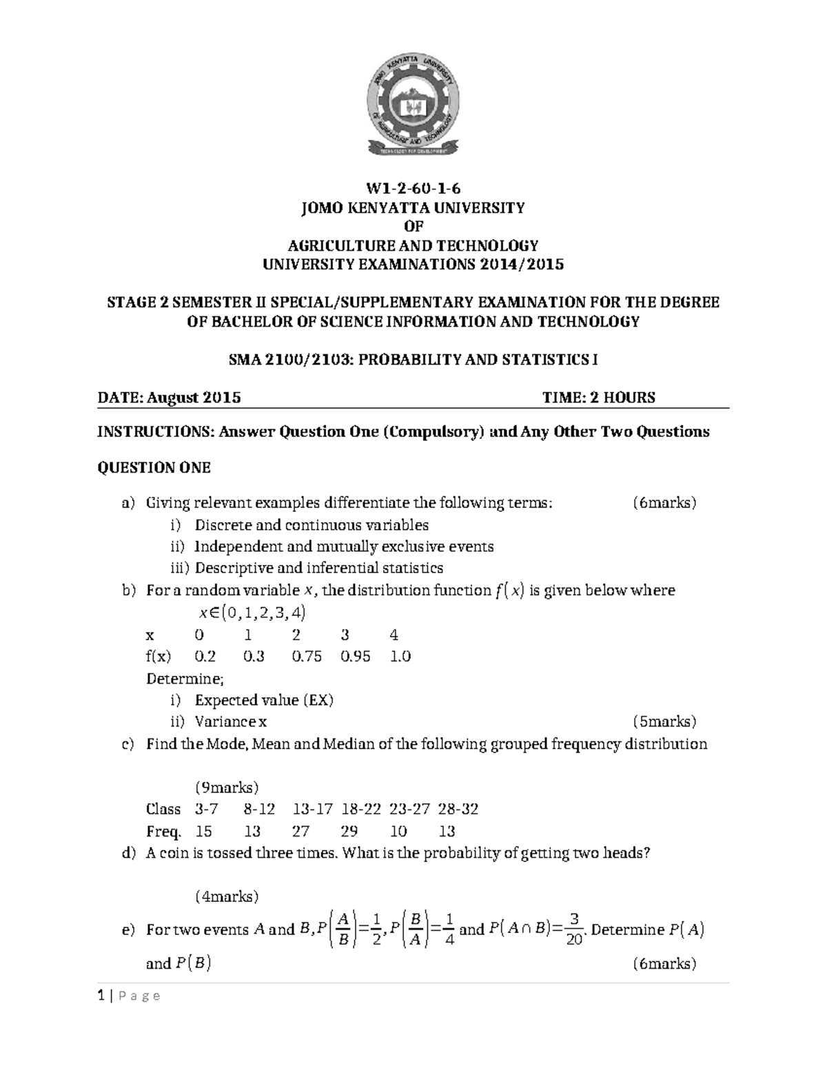 SMA 2100 2103 Kisii SUP August 2015 - W1-2-60-1- JOMO KENYATTA UNIVERSITY OF AGRICULTURE AND ...
