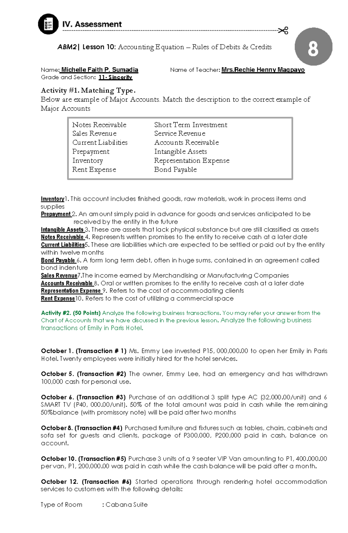 FABM 1 Assessment Lesson 10 Michelle Faith Sumadia - Name: Michelle Faith P. Sumadia Name of ...